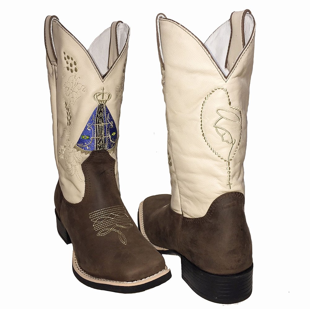 em Couro Bota Texana Nossa Senhora Crazy Horse Cano Creme Bico Quadrad ...