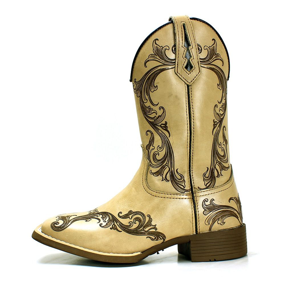em Couro Bota Texana Feminina Laser Creme Sola Marrom Bico Quadrado ...