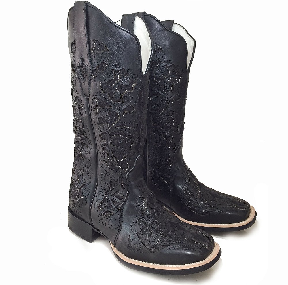 em Couro Bota Texana Feminina Total Laser Black Sola Preta Bico ...