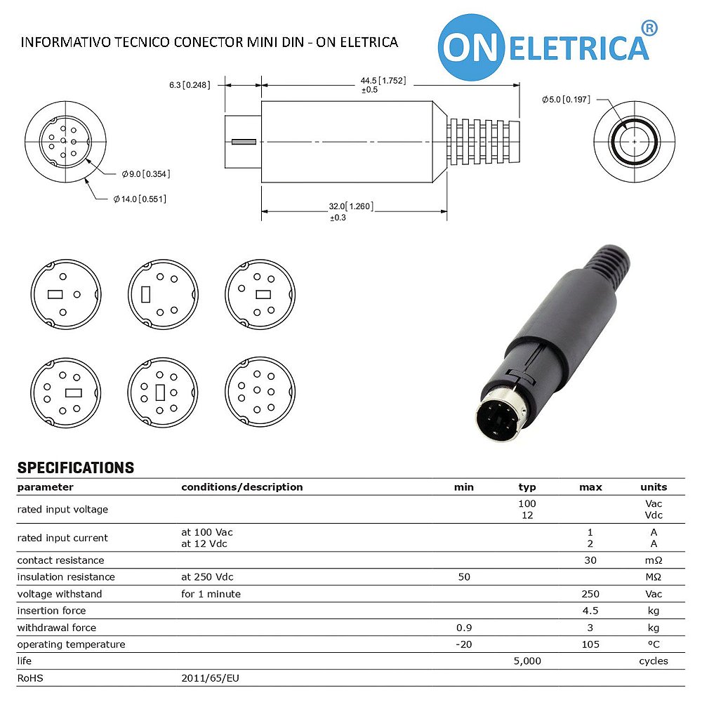 Conector 8 Pinos Padrão MIni DIN Macho Lado Cabo - ON ELETRICA ...