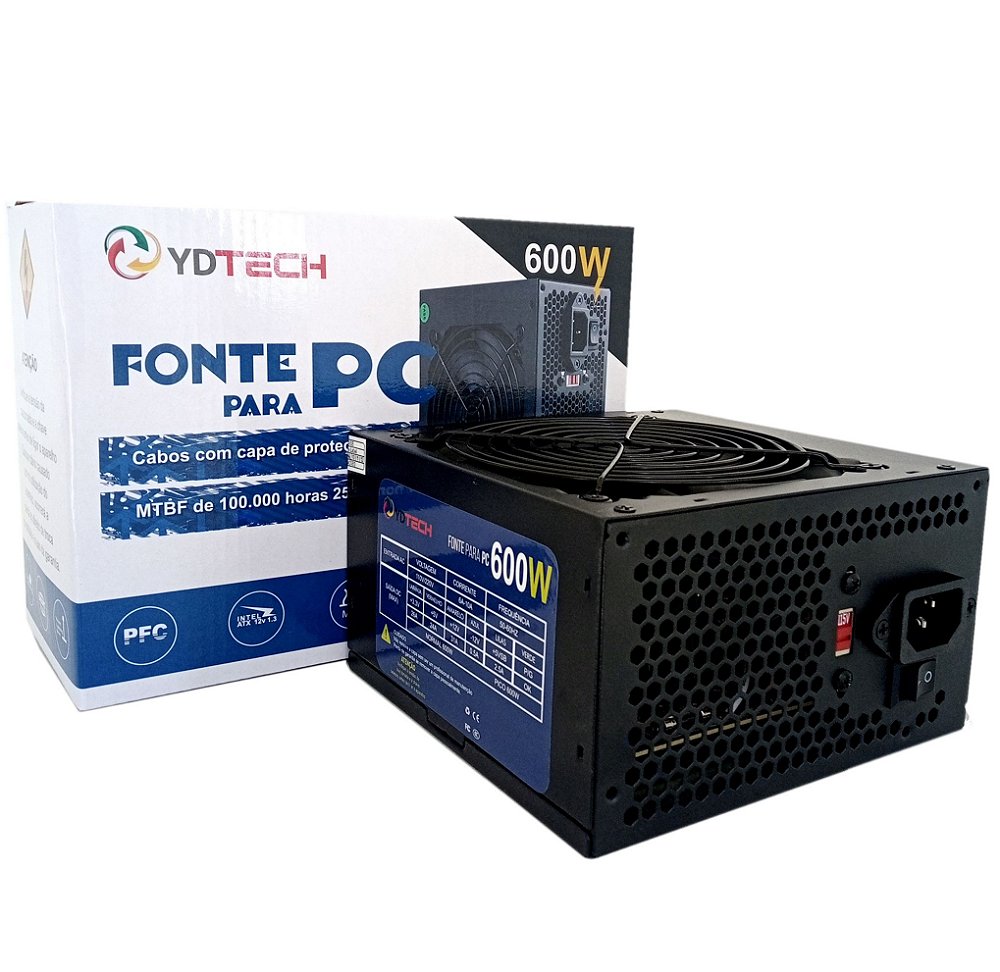 Fonte de Alimentação para PC Computador ATX 600W Gamer Silenciosa - YDTECH