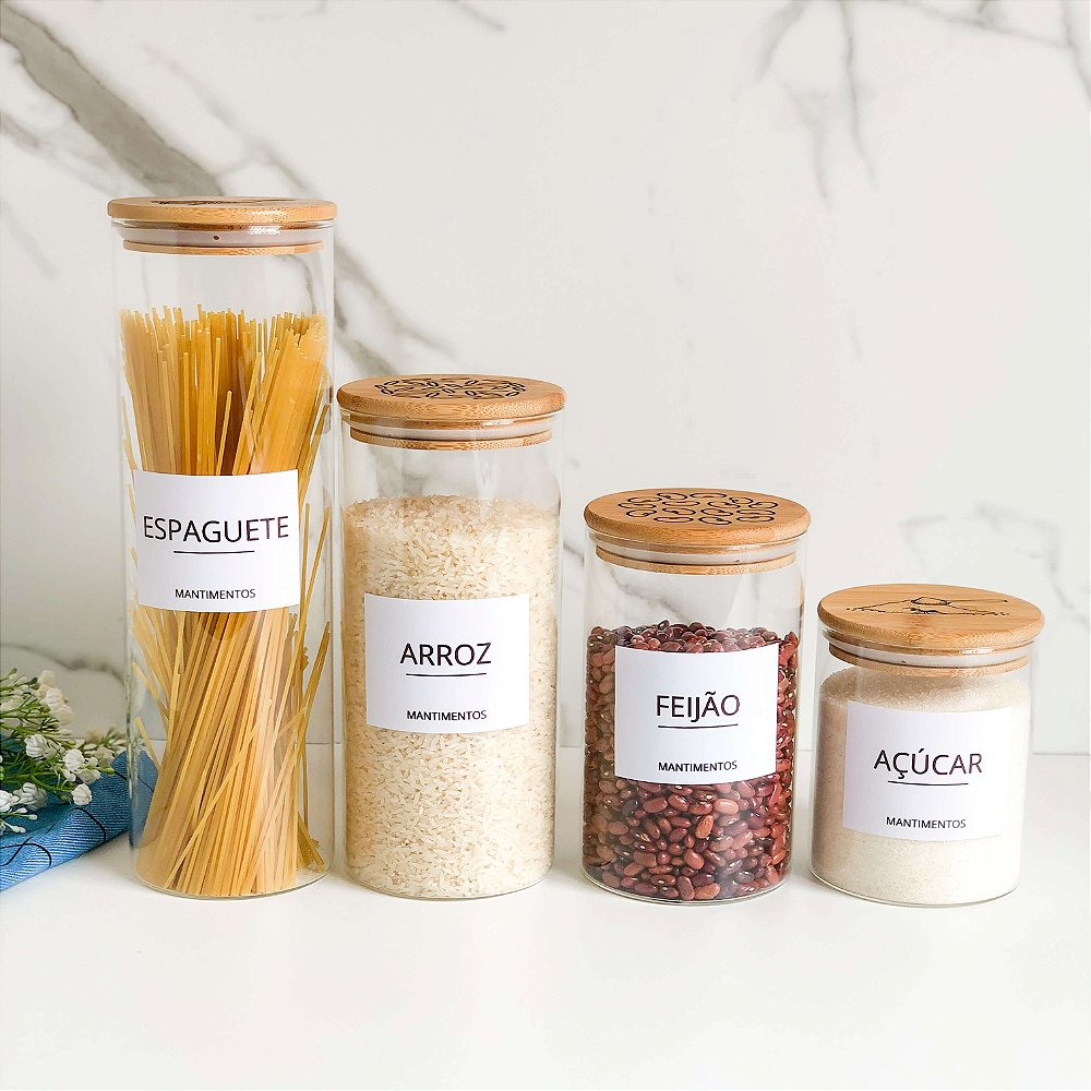 Kit 4 Potes Vidro Mantimentos Tampa de Bambu Personalizada - HOME GIFTS
