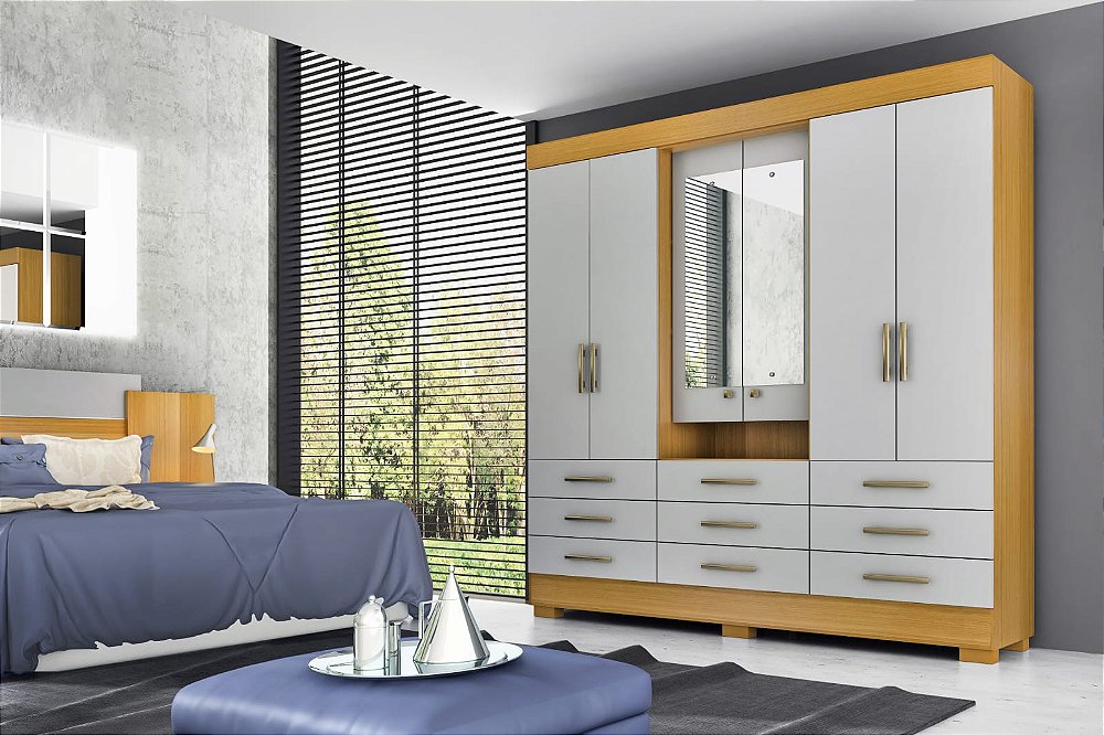 ROUPEIRO 6 PORTAS 9 GAVETAS COM ESPELHO DÉBORA CAPELINHA MDF NATURE/GRAFITE - ATACADÃO DOS ELETROS