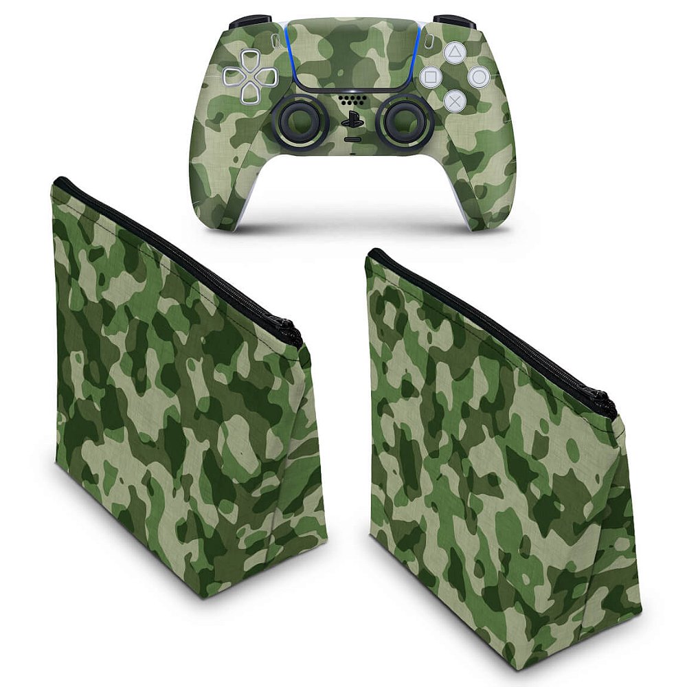 KIT Capa Case e Skin PS5 Controle - Camuflado Verde - Pop Arte Skins