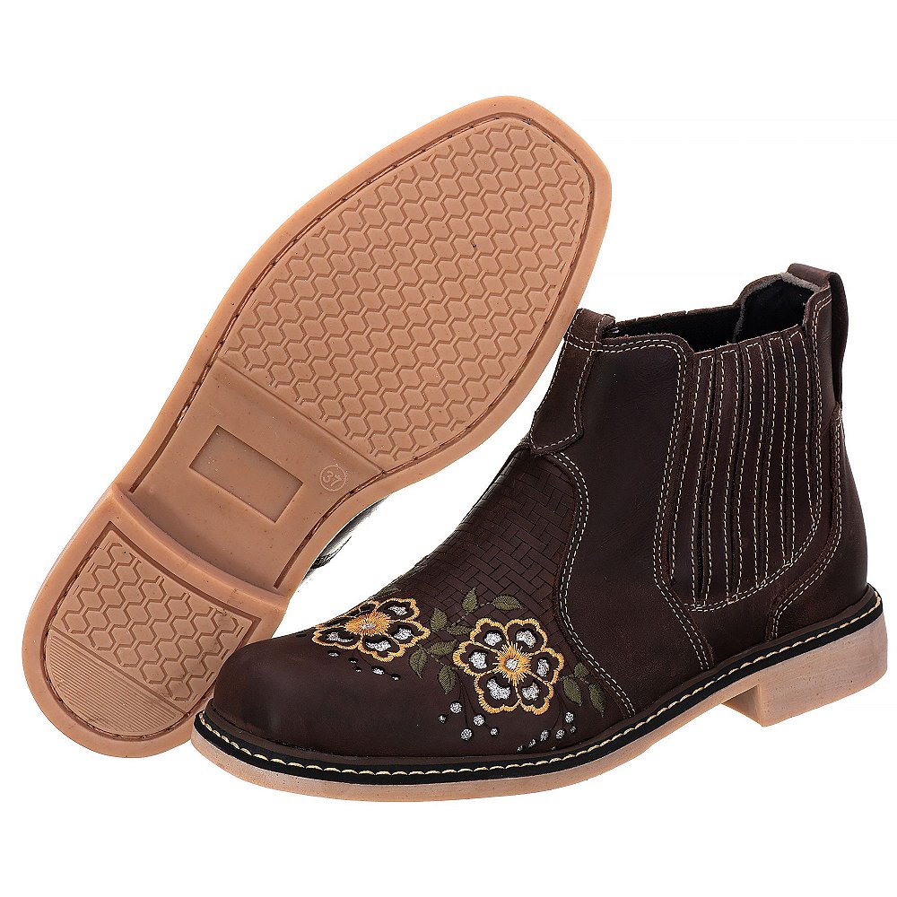 Botina Feminina bico redondo em Couro Fóssil Brown Detalhe Lazer ...