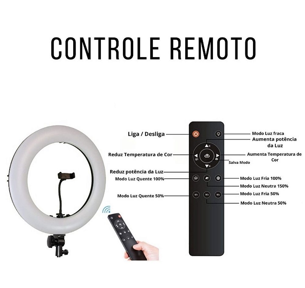RING LIGHT 45CM - 18 POLEGADAS LED COM CONTROLE + TRIPÉ 2M - La’ Make