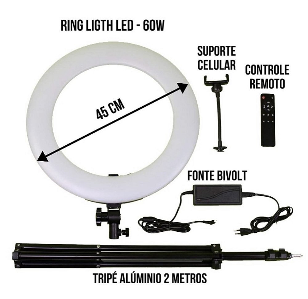 RING LIGHT 45CM - 18 POLEGADAS LED COM CONTROLE + TRIPÉ 2M - La’ Make
