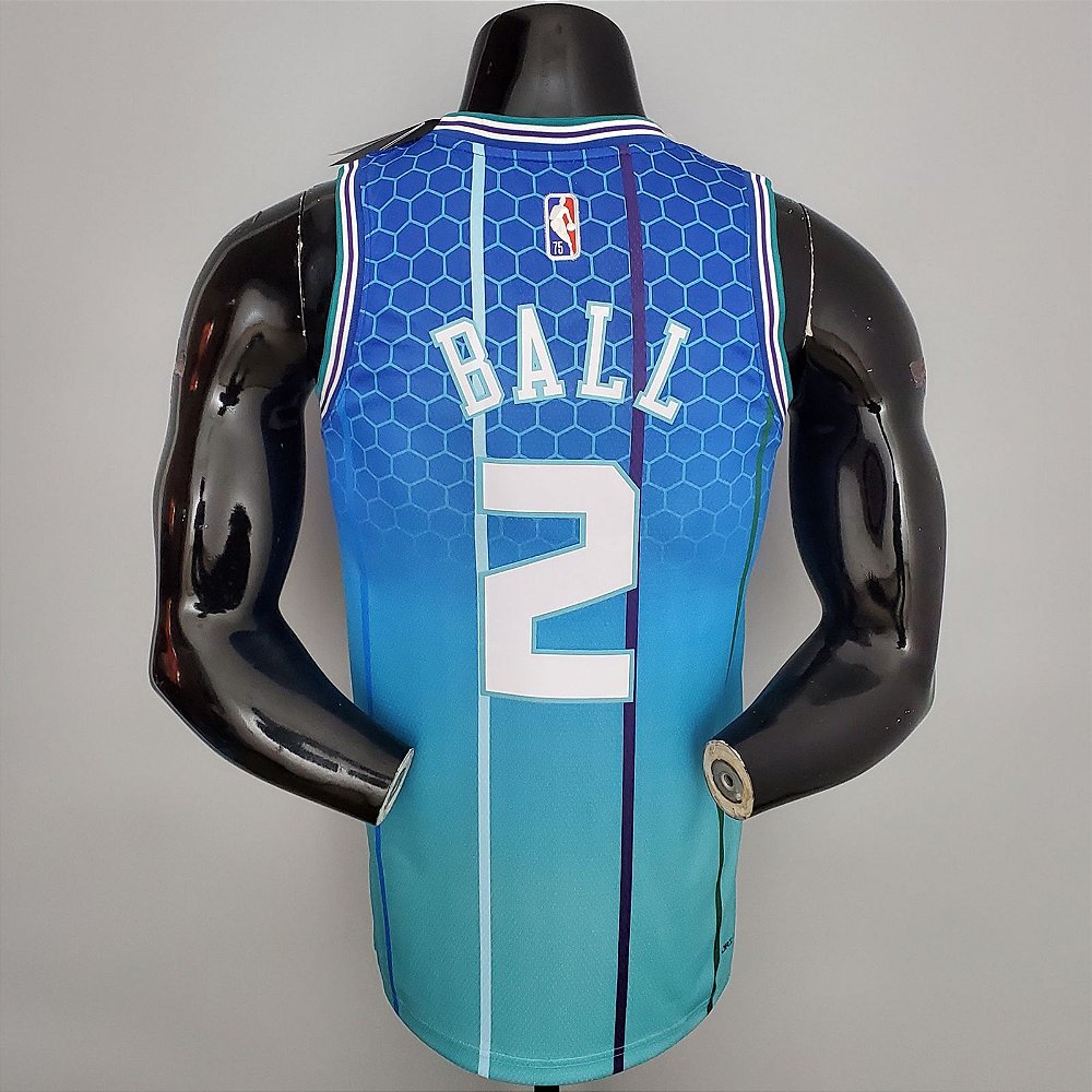 Regata Basquete NBA Charlotte Hornets Ball 2 Edição Azul Jogador Silk ...