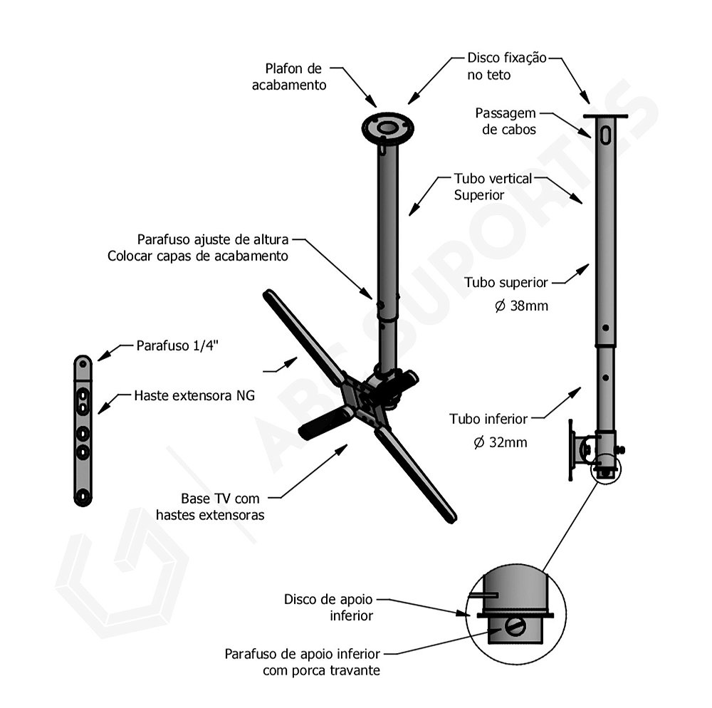 Suporte TV Teto Telescópio 360° 10 à 55 Polegadas Avatron Preto - ABC ...