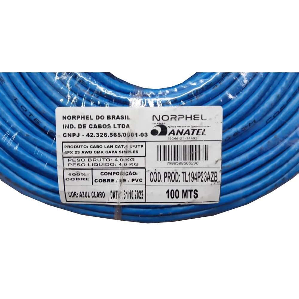 Cabo LAN CAT.6 UTP 100% Cobre NORPHEL Rolo 100 Mts - Infobell ...