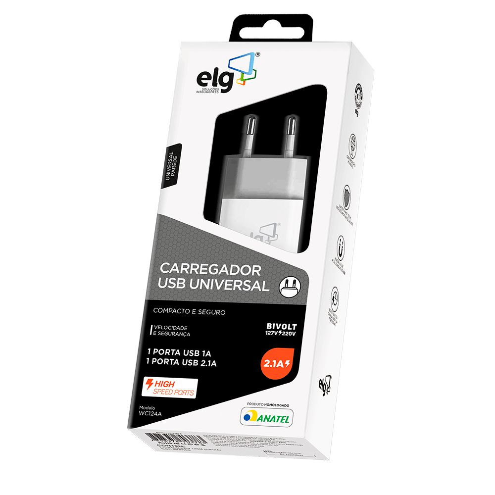 Carregador De Parede Universal ELG Wc124a 2 Usb 1a E 2.4a ...