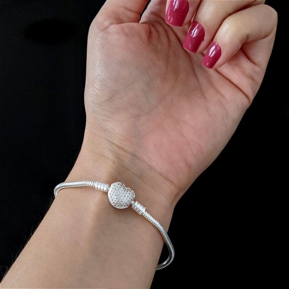 Pulseira Pandora Coração Cravejado Zircônias - Prata 925 - PRATA 925