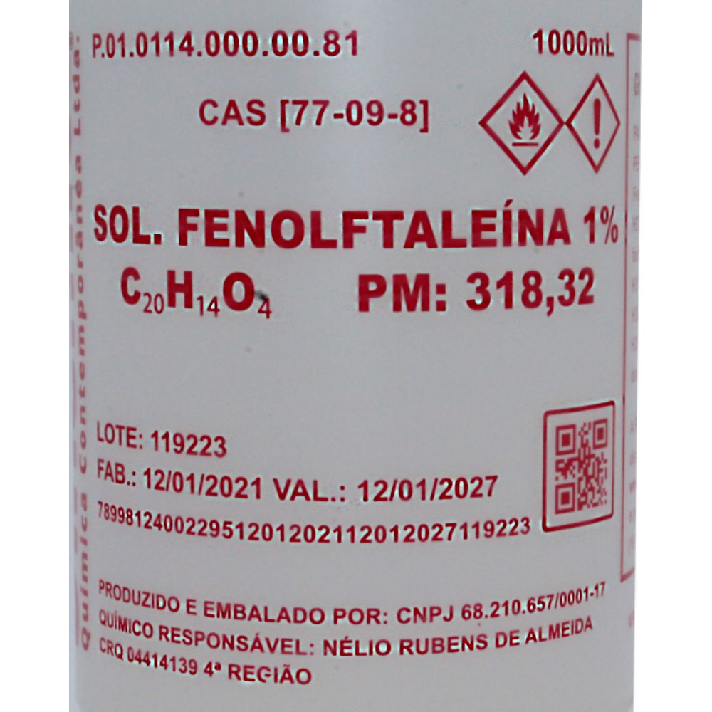 SOLUCAO FENOLFTALEINA 1% ALCOOLICA 1L - Didática SP