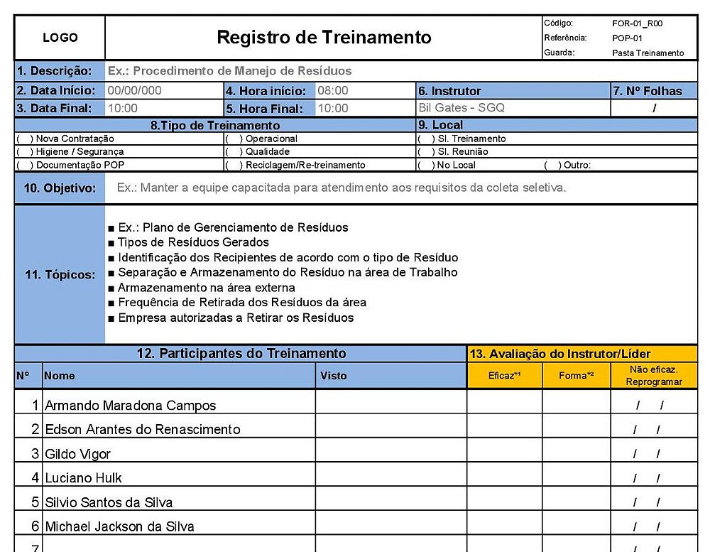 Registro de Treinamento - ISO Planilha - ISOplanilhas