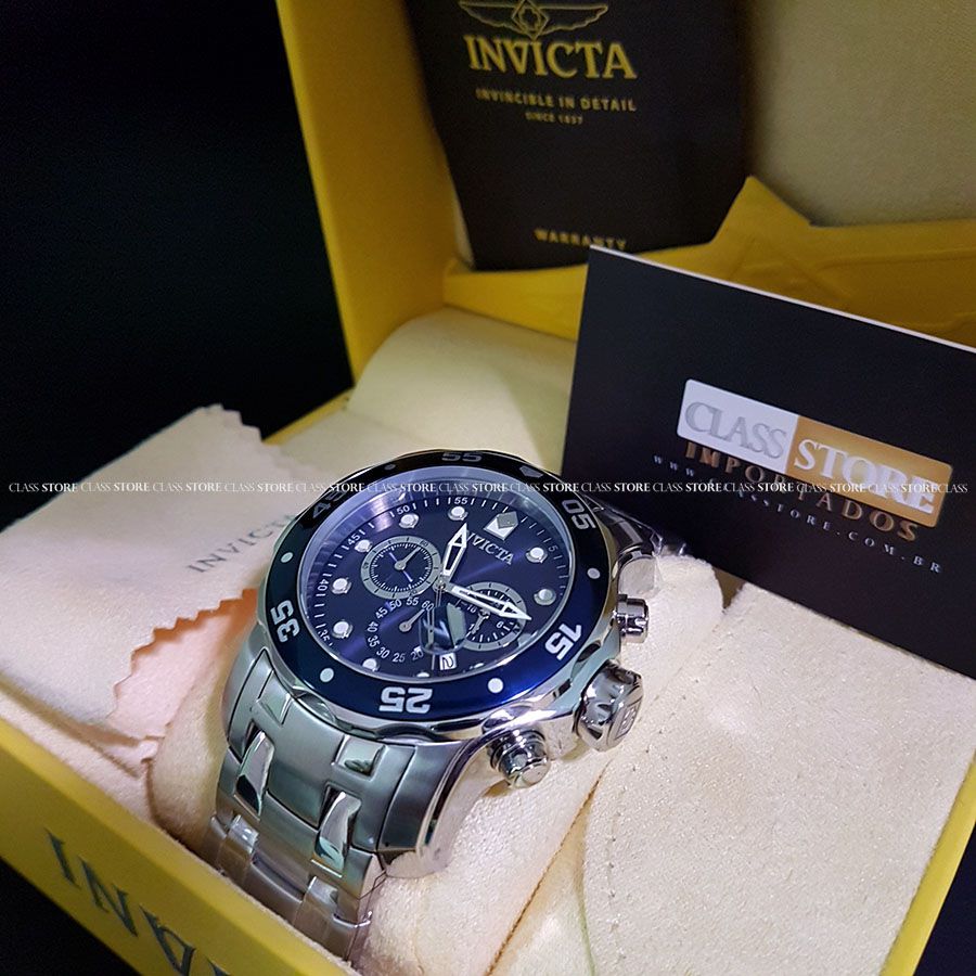 Relógio INVICTA Pro Diver 0070 Original Prata Mostrador Azul Cronógraf ...