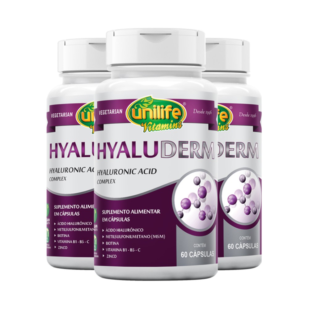 Kit 3 Hyaluderm Care Ácido Hialurônico + Vitaminas Unilife 60 cápsulas ...