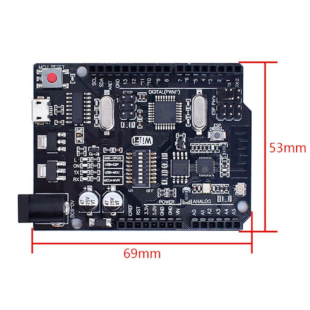 Placa UNO WiFi ATmega328P + ESP8266 - Eletrogate | Arduino, Robótica, IoT, Apostilas e Kits