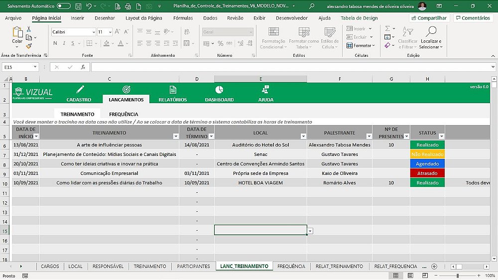 Planilha de Controle de Treinamentos em Excel 6.0 - Vizual Planilhas ...