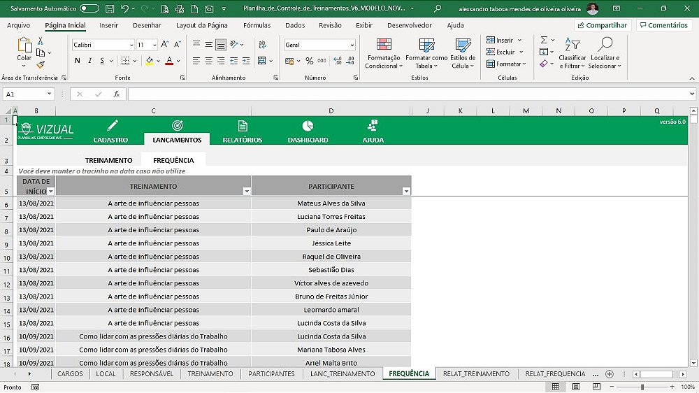 Planilha de Controle de Treinamentos em Excel 6.0 - Vizual Planilhas ...