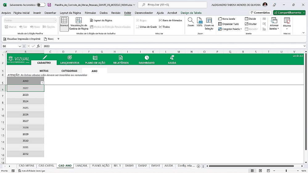 Planilha de Controle de Metas Pessoais SMART em Excel 6.0 - Vizual ...