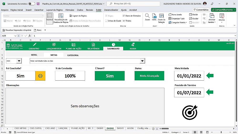Planilha de Controle de Metas Pessoais SMART em Excel 6.0 - Vizual ... Planilha de Controle de Metas Pessoais SMART em Excel 6.0 - Vizual ...
