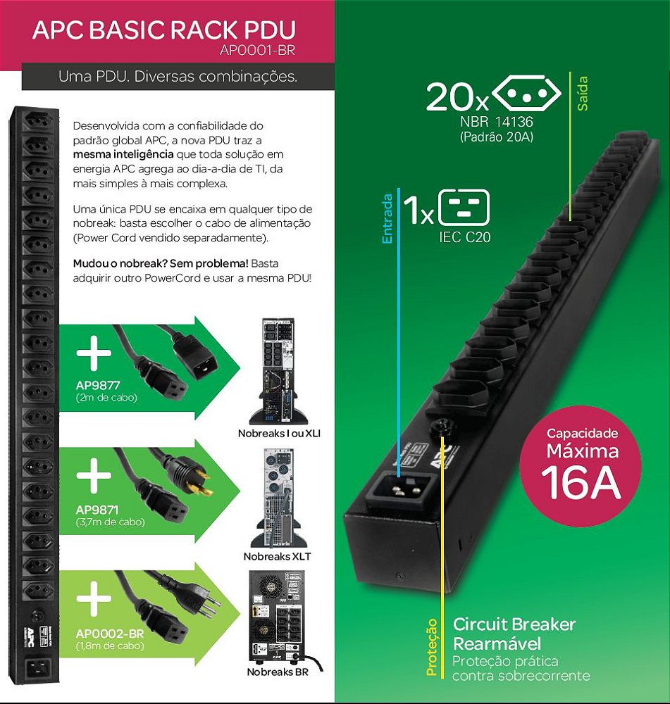AP0001-BR - RACK PDU APC 115V/220V 16A Basic Rack Entrada IEC C20 ...