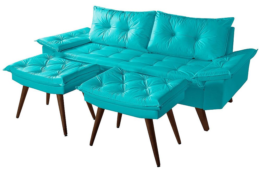 Sofá em Courino Azul Turquesa 3 Lugares Bariloche Com Duas Banquetas ...
