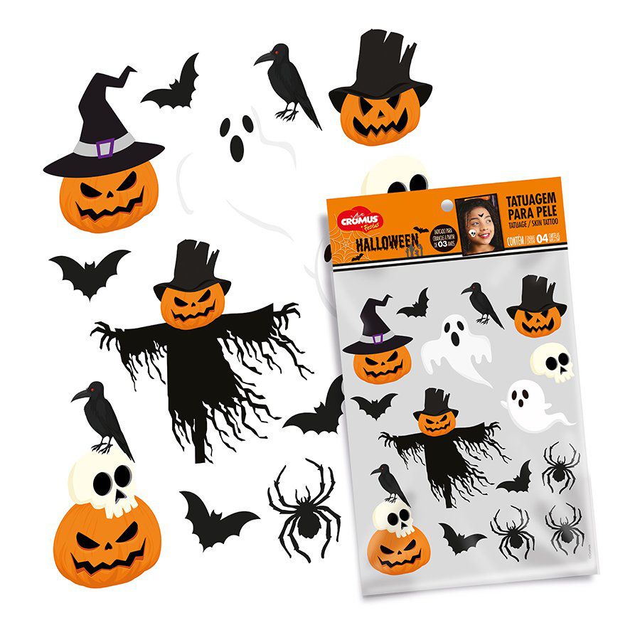Cartela Tatuagem para Pele Halloween - Scary Night - 4 unidades - Cromus - Rizzo - Rizzo Embalagens