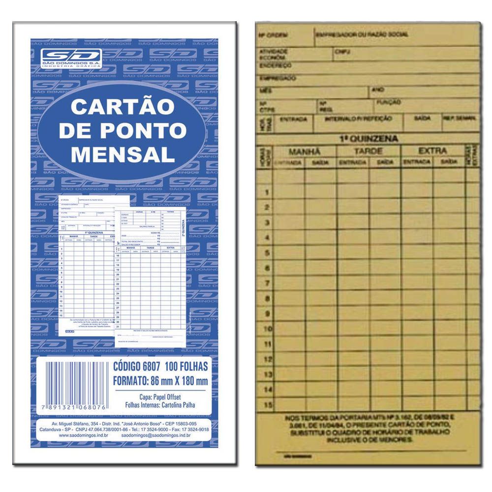 Cartão de Ponto Mensal c/100 Folhas - N Papéis