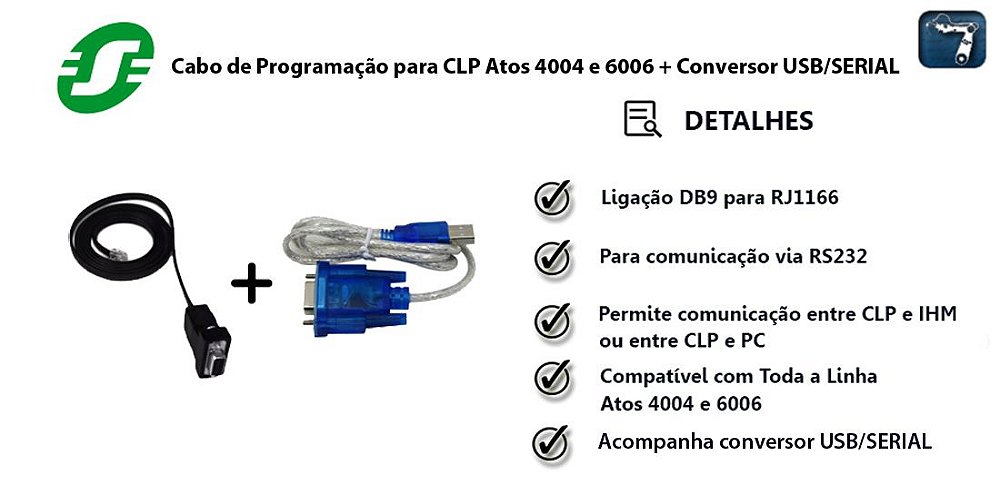 Cabo de Programação Ato-Schneider CRS232415 + Conversor USB/Serial ...