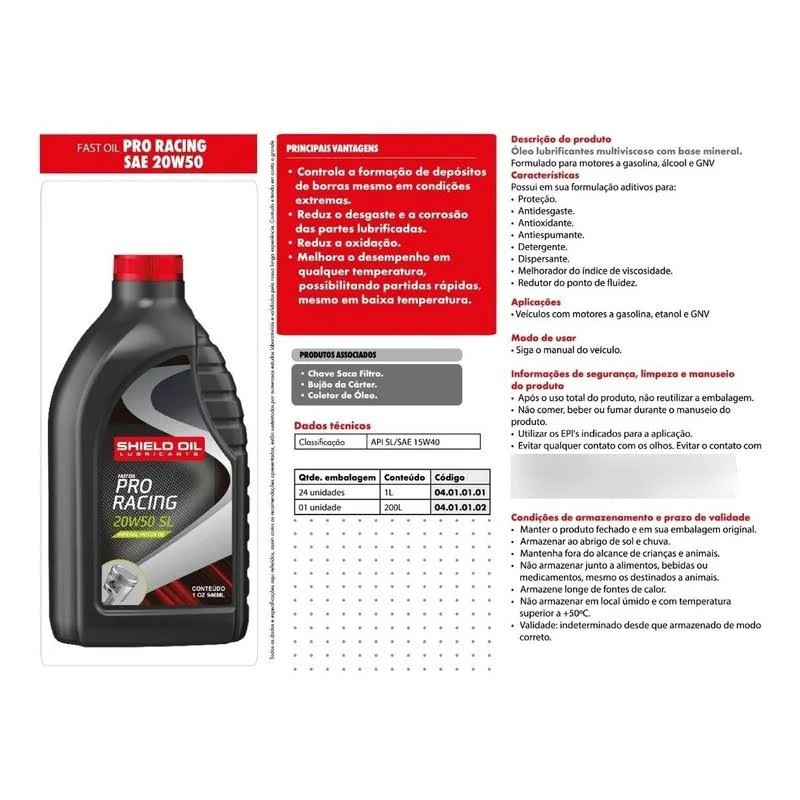 ÓLEO LUBRIFICANTE 20W50 PRO RACING SHIELD OIL MINERAL 1L - JS SANTORO