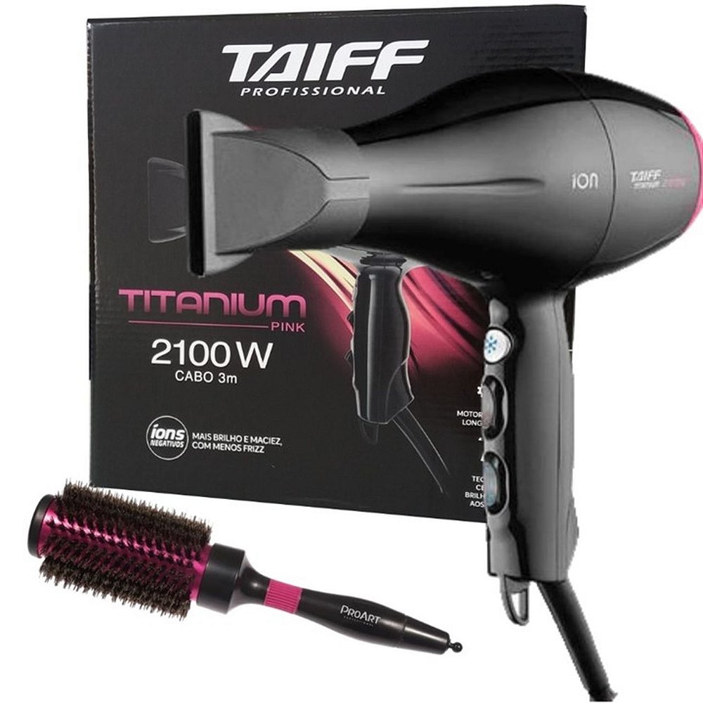 KIT - SECADOR CABELO PROF. TAIFF TITANIUM ION PINK 2100W 127V + ESCOVA ...