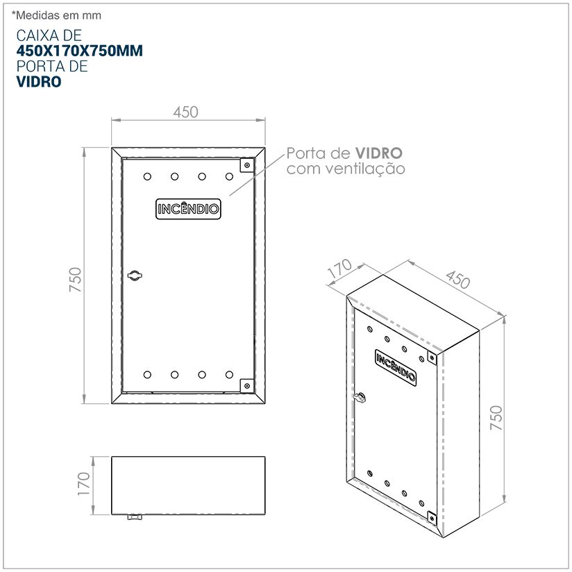 Caixa de hidrante simples de sobrepor, com suporte para mangueira ...
