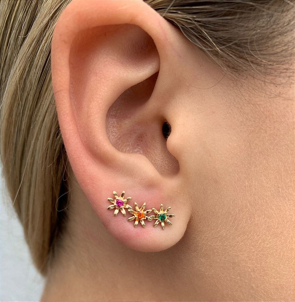 Brinco Ear Cuff Flor Cravejado Zirconia Colorida Banhado a Ouro 18k ...