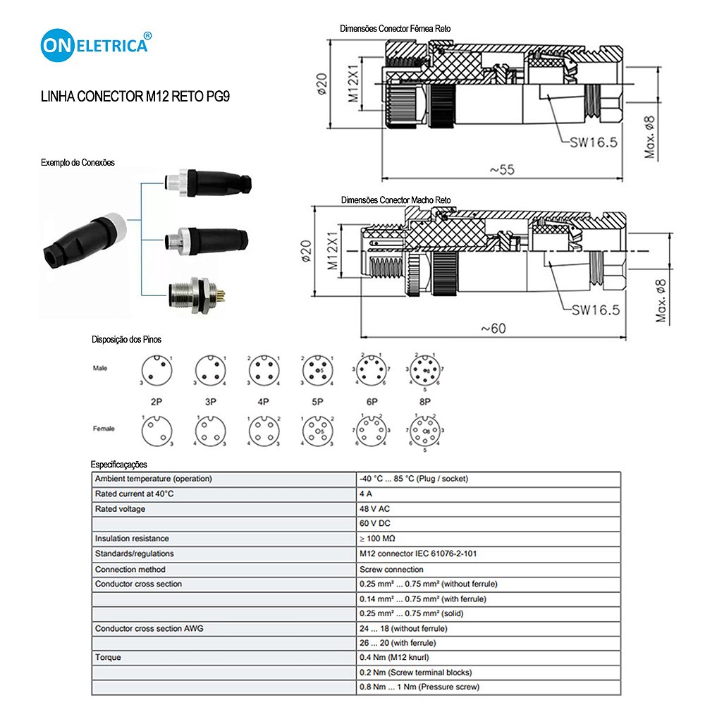 Conector 4 Pinos M12 Reto PG9 Fêmea Lado Cabo - ON ELETRICA - Melhores ...