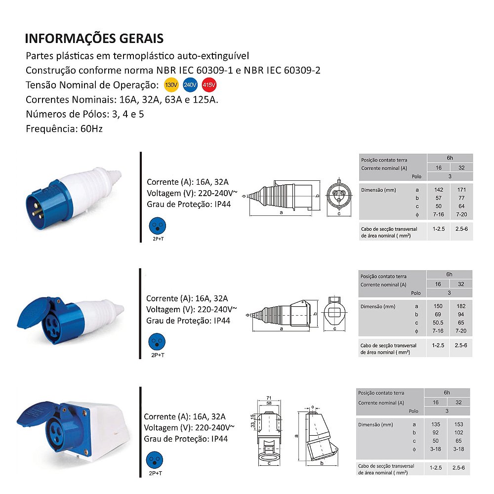 Plugue Industrial 3 Pinos 2P+T 16A 220V 6H - ON ELETRICA - Melhores ...