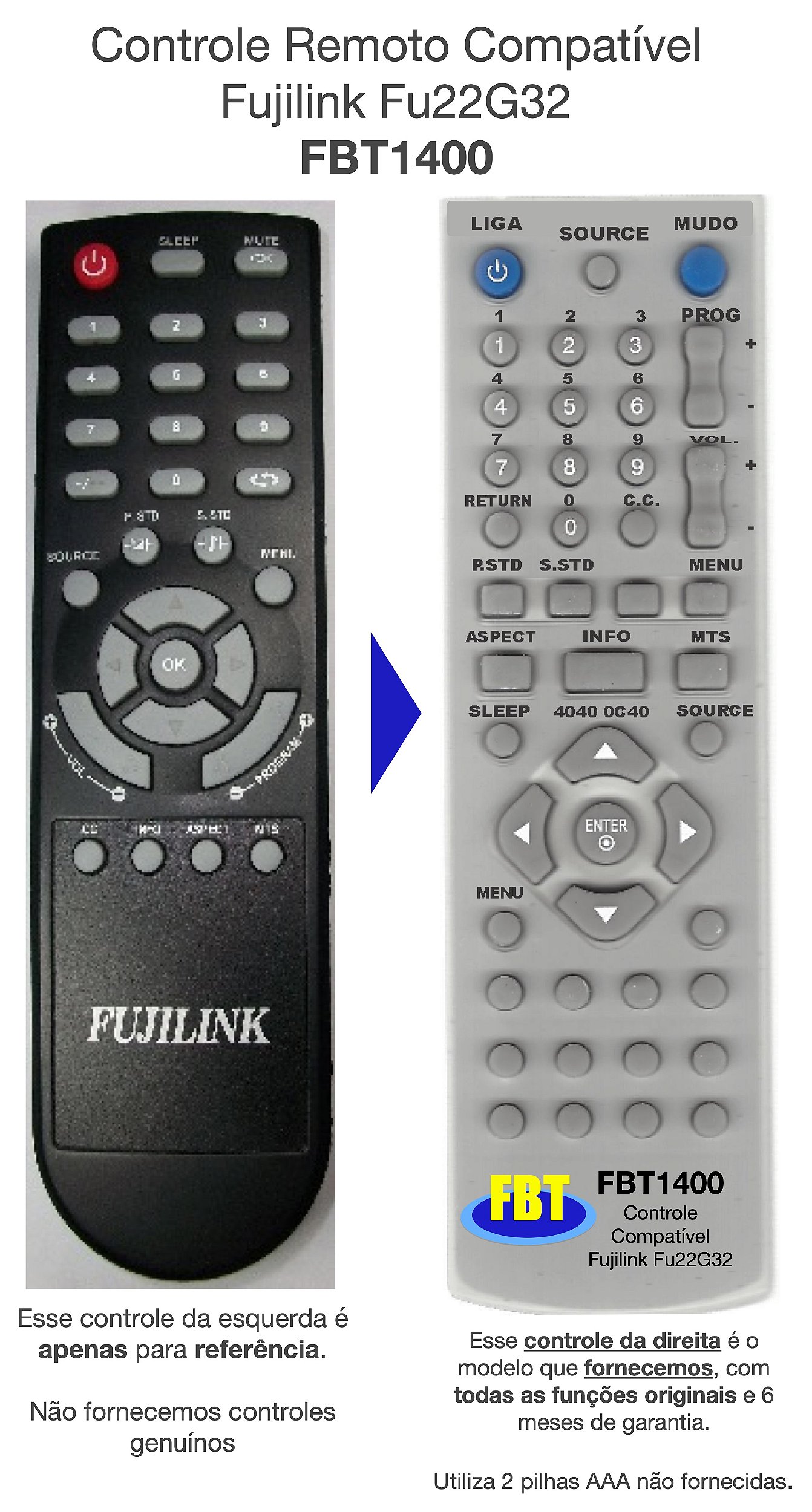 Controle Compatível Fujilink Fujion Tv Lcd Fbt1400 - FBT CONTROLE REMOTO