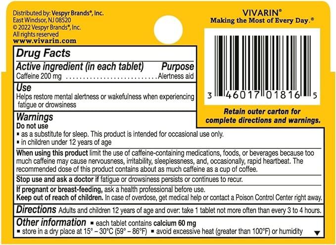 Vivarin Caffeine ALERTNESS Aid Cafeína 200 mg | 16 Comprimidos - Labravia
