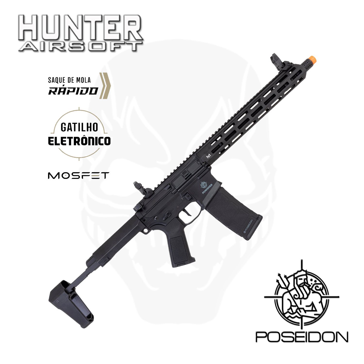 Rifle Airsoft AEG M4 PDW Punisher 3 Black Gatilho Eletrônico - Poseidon - Hunter Airsoft