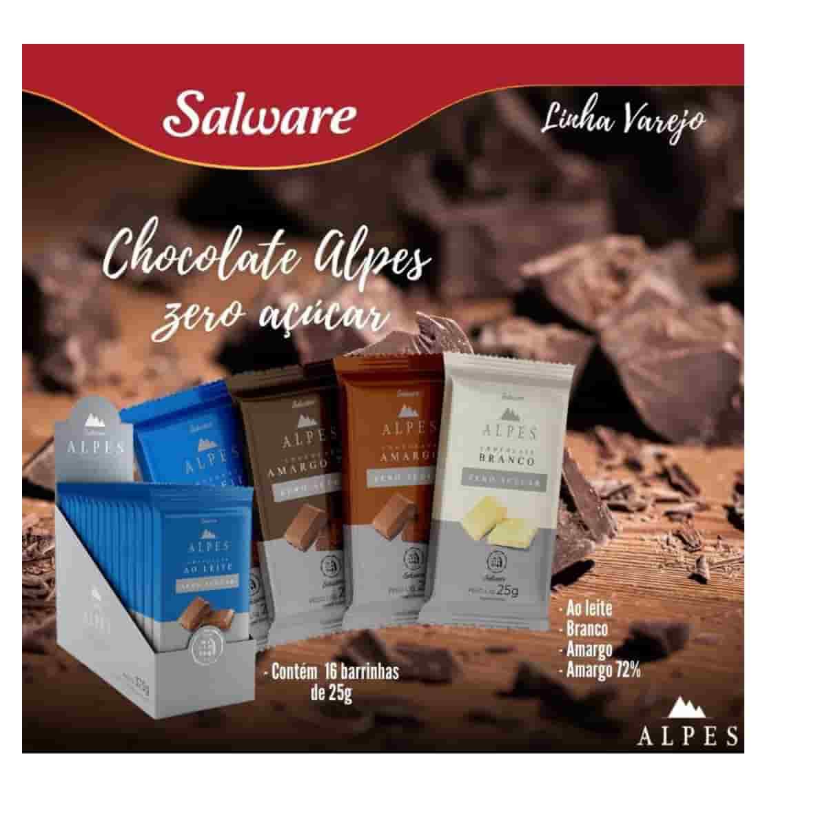 Chocolate Alpes zero açúcar ao Leite Salware com 16 unidades de 25g ...