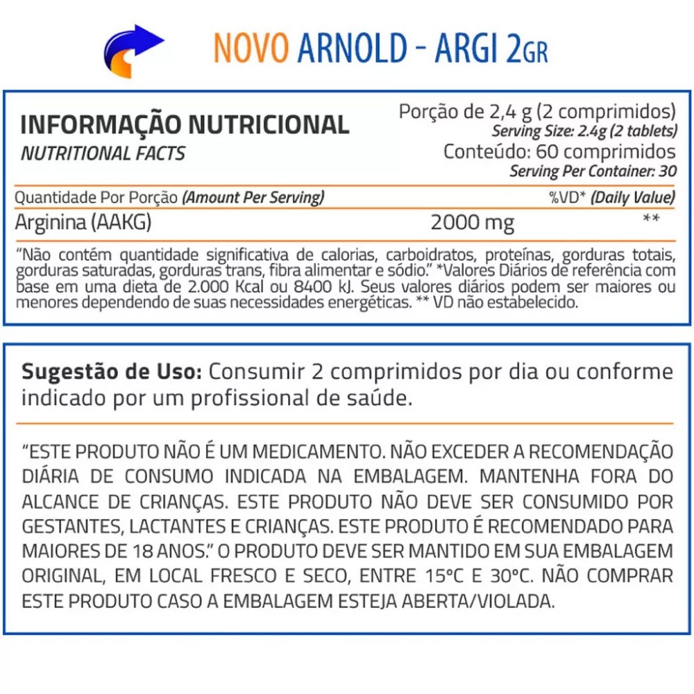 ARGI 2GR (L-arginina AAKG 2.000mg) 60 Tabletes- Arnold Nutrition - BH ...