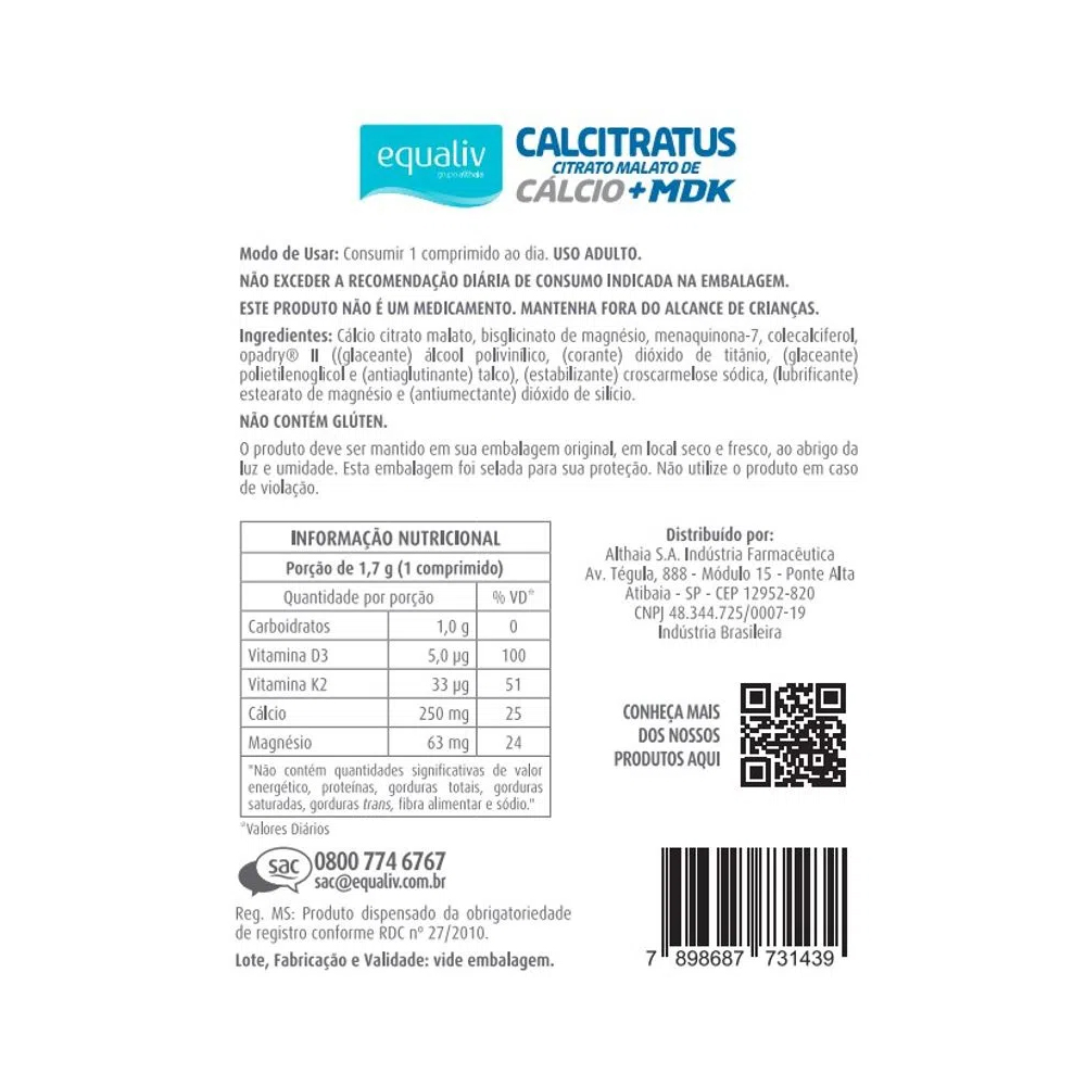 Calcitratus 30 Comprimidos revestidos - Equaliv - BH Suplementos