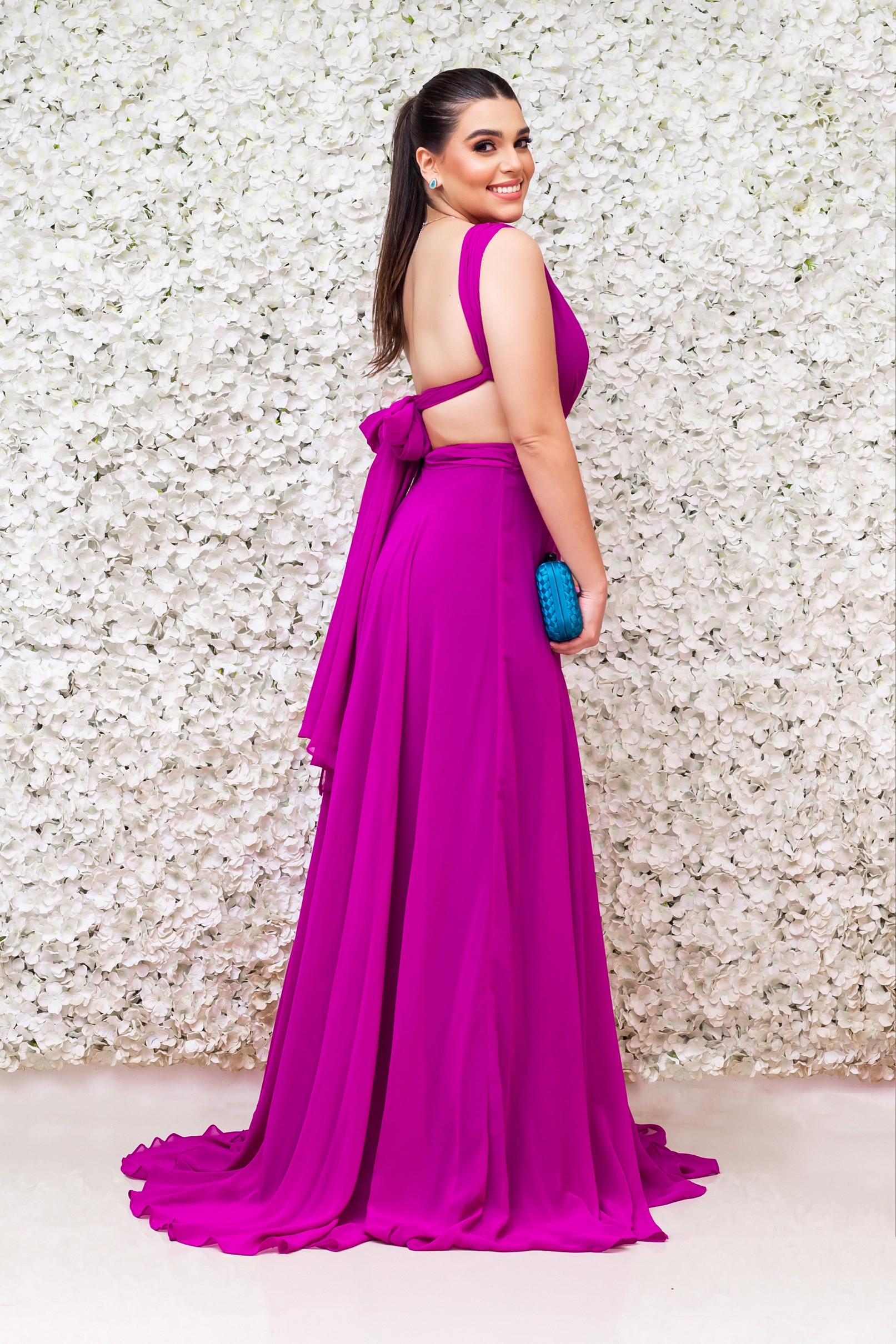 VESTIDO LONGO ROXO CHIFFON RECORTE FRONTAL COSTA AMARRAÇÃO - Closet das 2