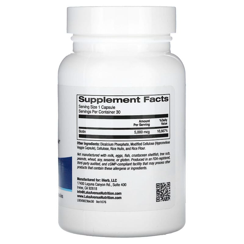 Biotina 5000mcg 30 Cápsulas – Lake Avenue Nutrition | Biotina - Primo Suplementos