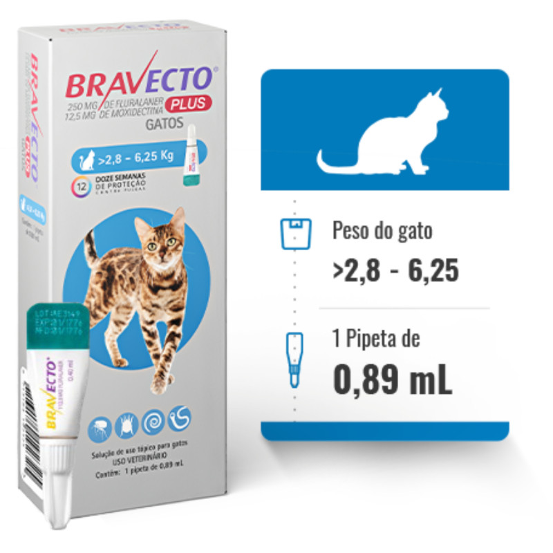 Bravecto Plus Transdermal 250mg/0,89ml para Gatos de 2,8kg a 6,25kg - Mercado AgroPet