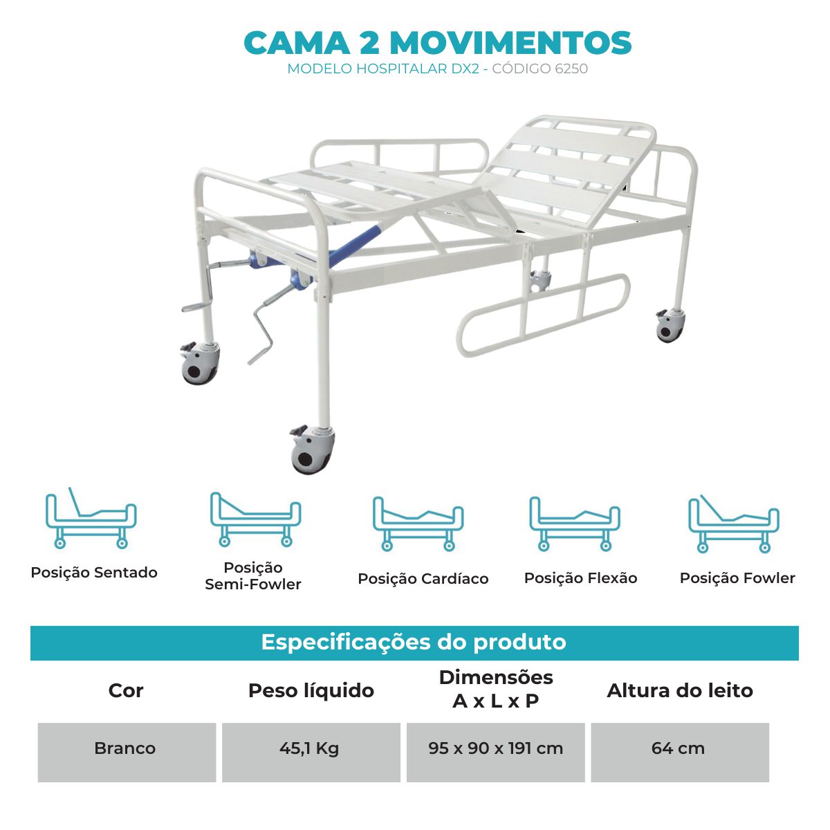 Cama Hospitalar Manual 2 Movimentos Articulada Residencial - Dellamed ...