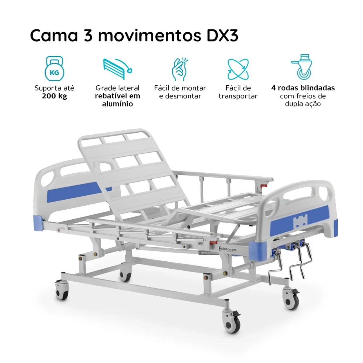 Cama Hospitalar Manual 3 Movimentos Manivelas Residencial - Dellamed ...