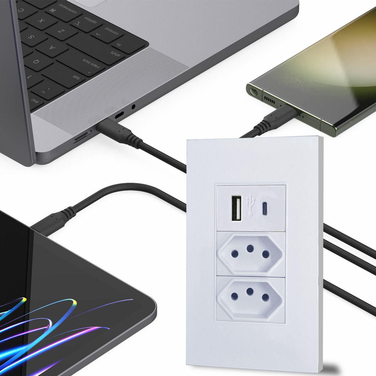 Tomada Usb A e Tipo C De Parede Bivolt 4x2 Carregador Turbo - Bragante ...