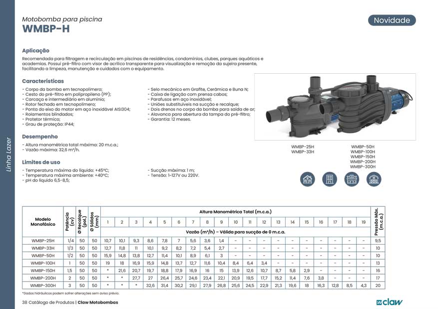 Bomba para Piscina Claw WMBP 37H Monofásica 220Volts 0,5Cv - RMTEC Bombas