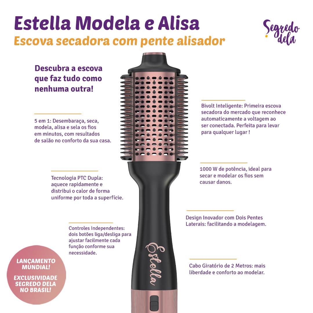 Escova Secadora + Pente Alisador Estella Modela e Alisa - Segredo Dela - Segredo Dela - Escova ...